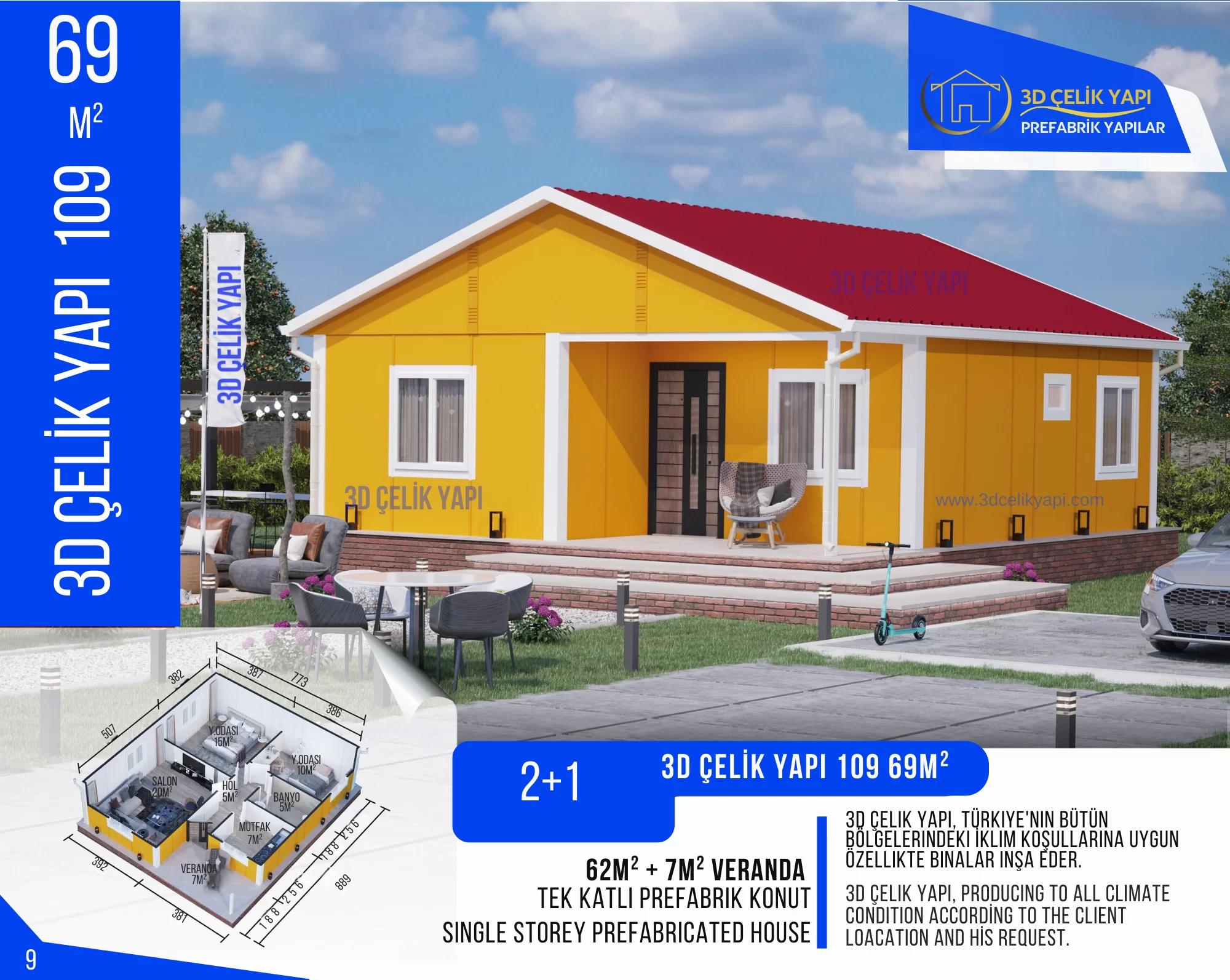 Tek Kat Prefabrik Ev 69 m² 2+1 MODEL 109 - 3D Prefabrik Evler