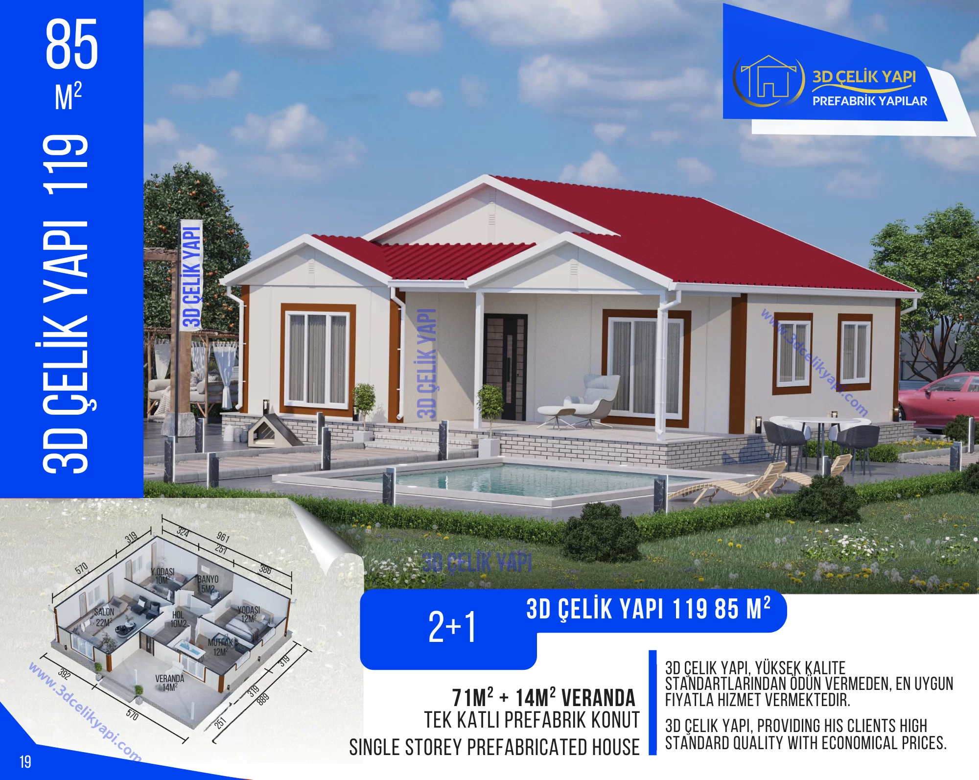 Tek Kat Prefabrik Ev 85 m² 2+1 MODEL 119 - 3D Prefabrik Evler